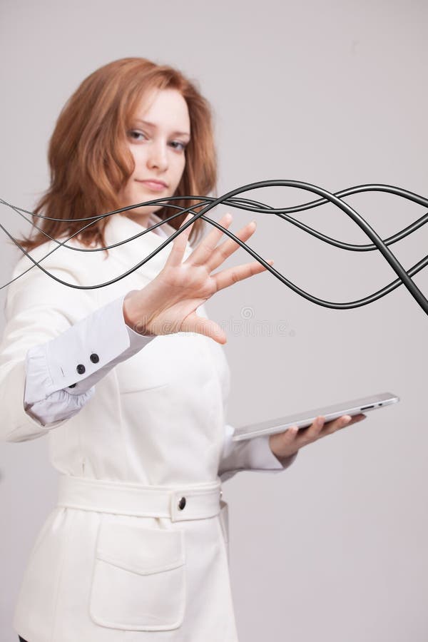Woman with Electrical Cables or Wires, Curved Lines Stock Image - Image ...