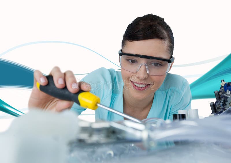Woman with Electronics Against Blue and White Background with Waves ...