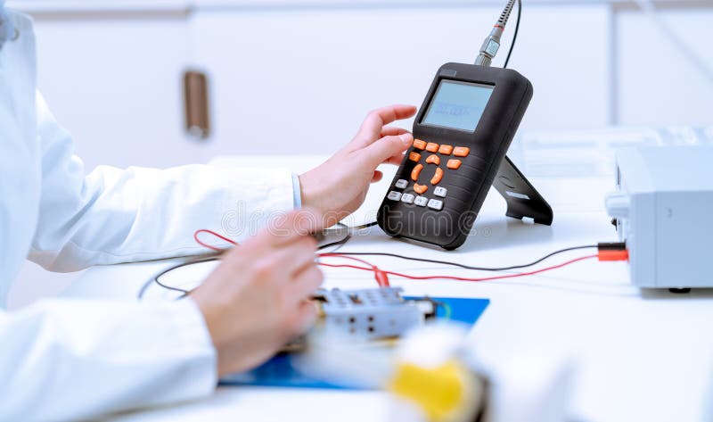 Woman Electronics Laboratory Measures Multimeter Circuit Board ...