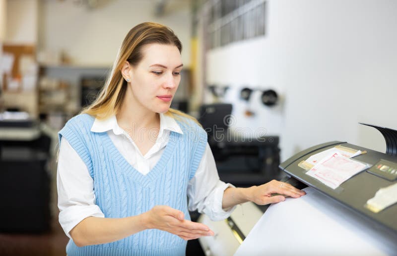 Woman Employee of Printing House Works on Modern Printer Stock Photo ...