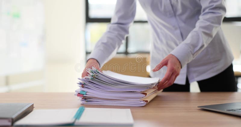 Woman Employee Puts Stack of Folders with Tasks on Table Stock Footage ...