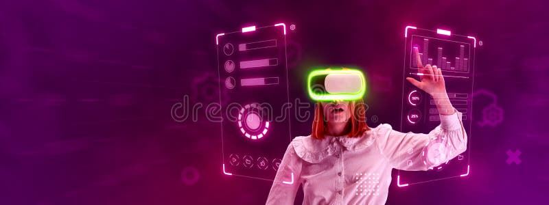 Woman, Employee Wearing VR Glasses and Working on Virtual Holographic ...