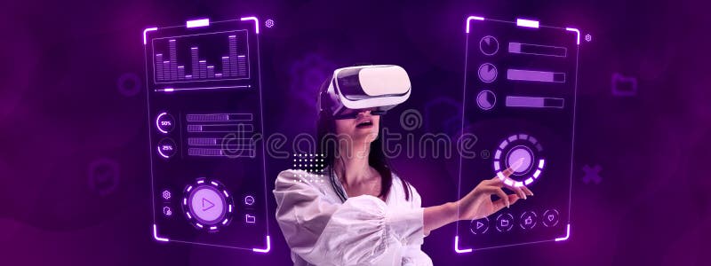 Woman, Employee Wearing VR Glasses and Working on Virtual Holographic ...