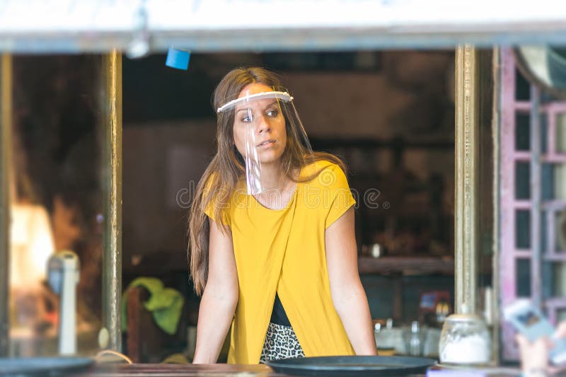 Woman in Empty Cafe Wearing Protective Visor Stock Image - Image of ...