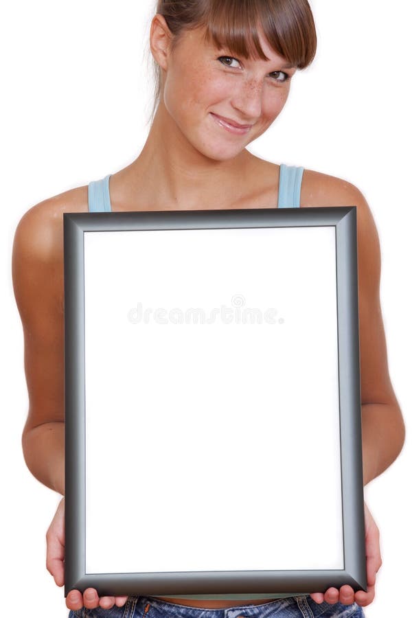 Woman with Empty Picture Frame Stock Photo - Image of face, hands: 16032044