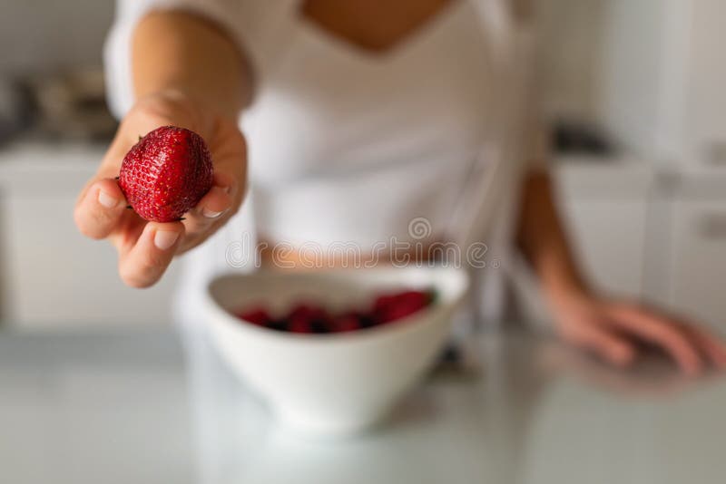 Woman with Empty Plate on the Kitchen Table and Eggs Ready Cooking ...