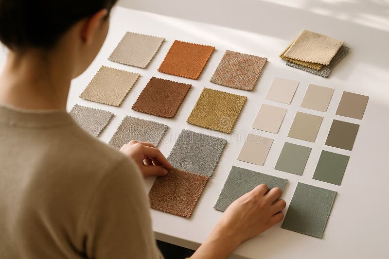 Woman Engaged in Design Planning Process with Fabric Swatches and Color ...