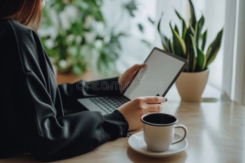 Woman Engaged in Productive Work on Laptop at Table Stock Illustration ...