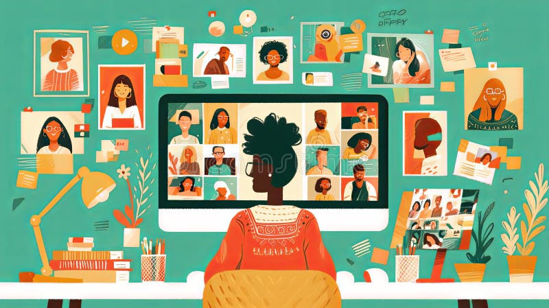 Woman Engaged in Virtual Meeting at Desk with Creative Workspace Stock ...