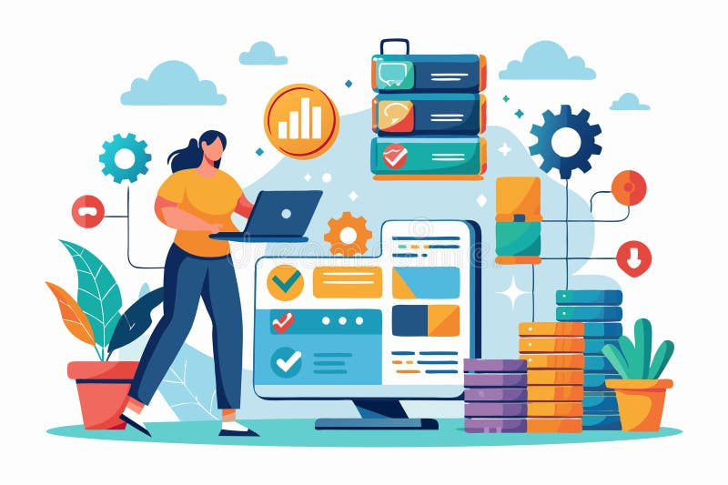 A Woman Engages in Data Installation while Surrounded by Digital Icons ...