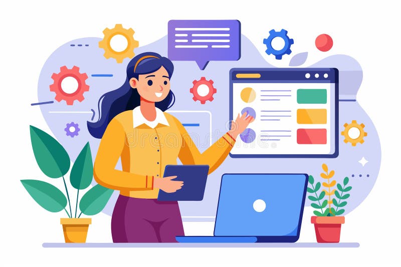 A Woman Engages in Website Management, Adjusting Visuals and Layout in ...