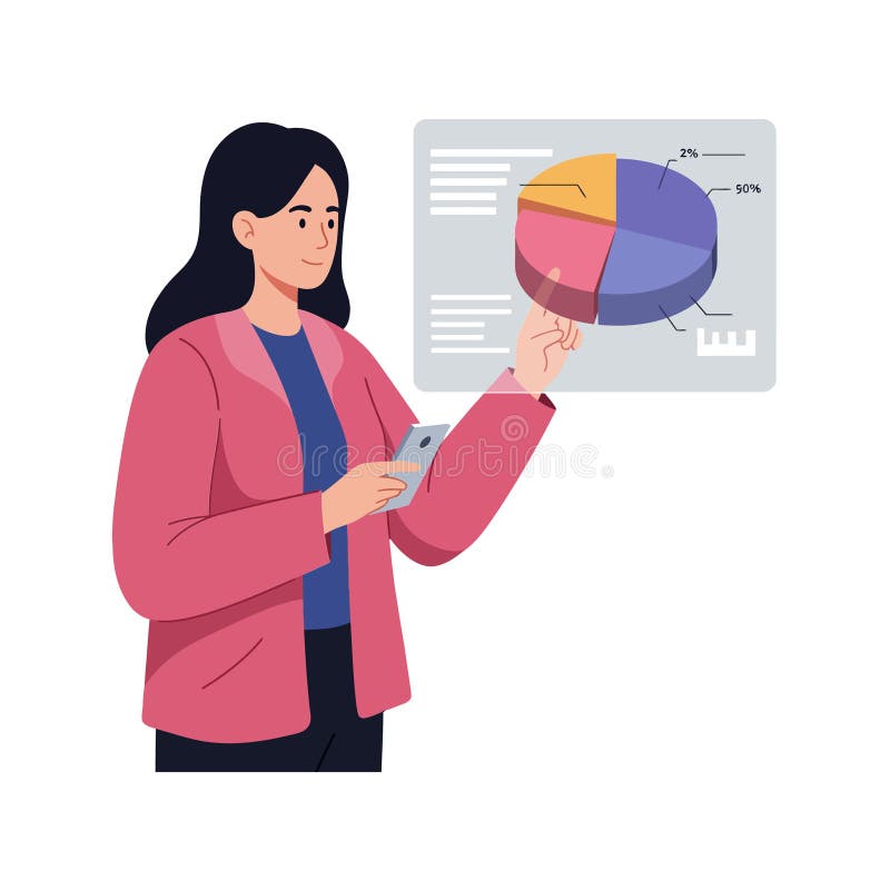 Woman Engaging with Digital Pie Chart in Flat Vector Illustration Stock ...