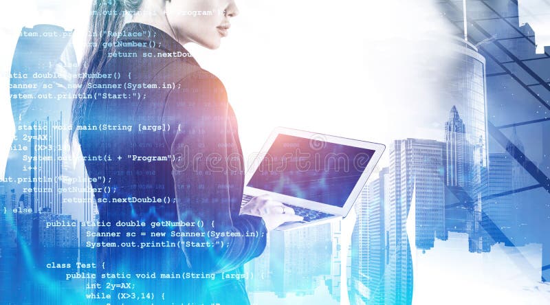 Woman Engineer Coding with Laptop in City Stock Image - Image of growth ...