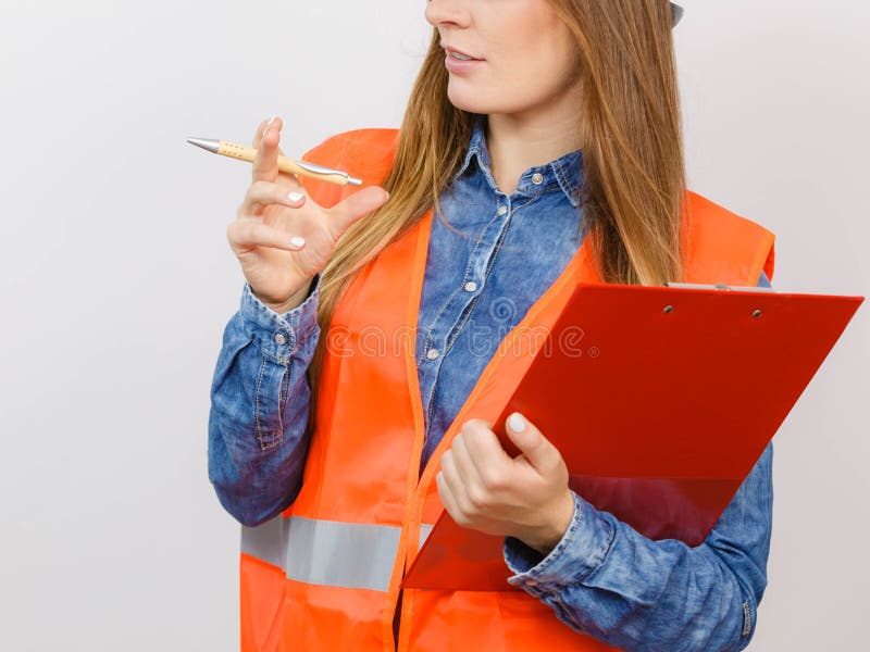 Woman Engineer Construction Builder Holds File Pad. Stock Image - Image ...