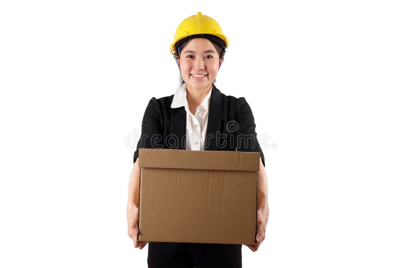 Woman Engineer Holding Paper Box and Isolated on White Background Stock ...