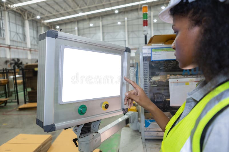 Woman Engineer Using Computer Blank White Screen Controlling Machine at ...