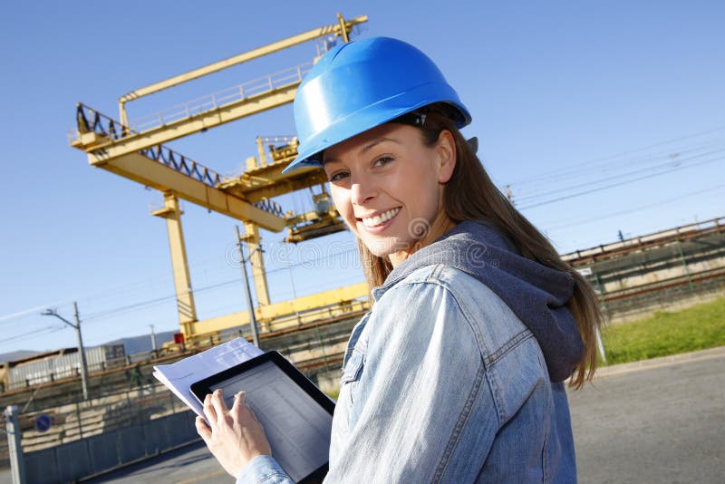 Woman Engineer Working with Tablet Stock Photo - Image of touchpad ...