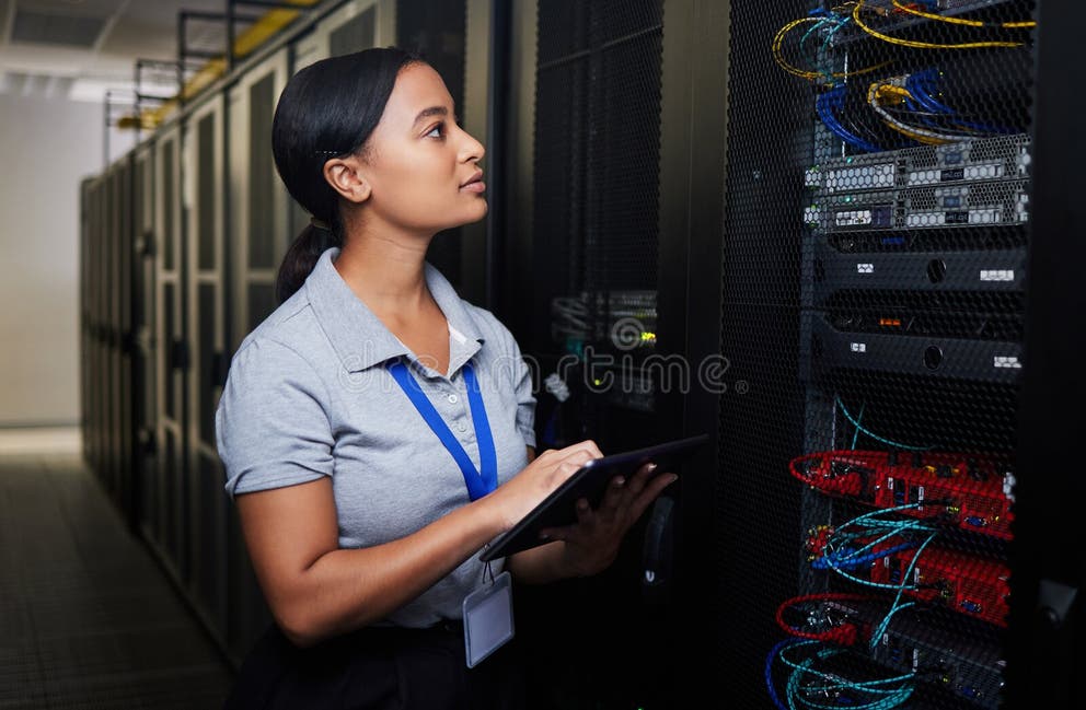 Woman, Engineering Tablet and Server Room, Data Center Inspection or ...