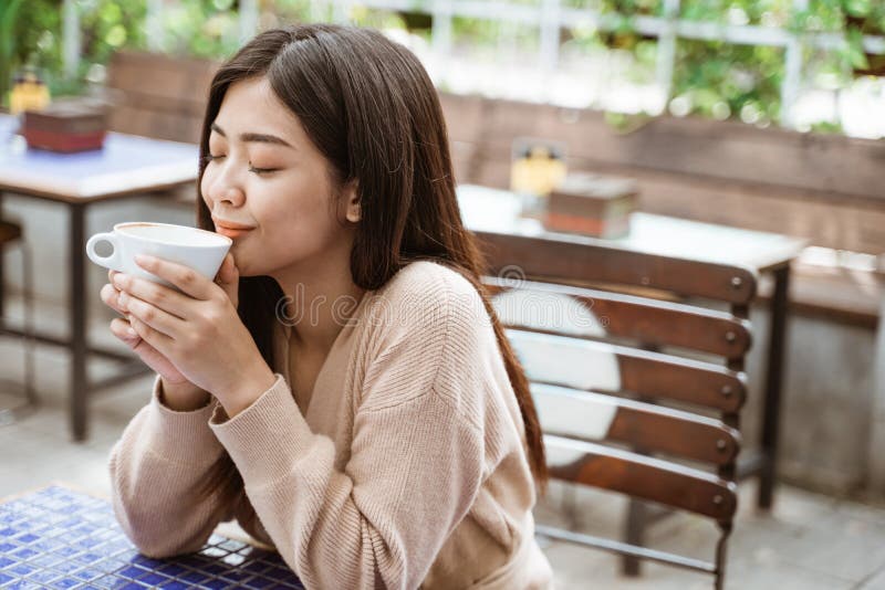 Woman Enjoy Drinking Coffee in Cafe Stock Image - Image of dreaming ...