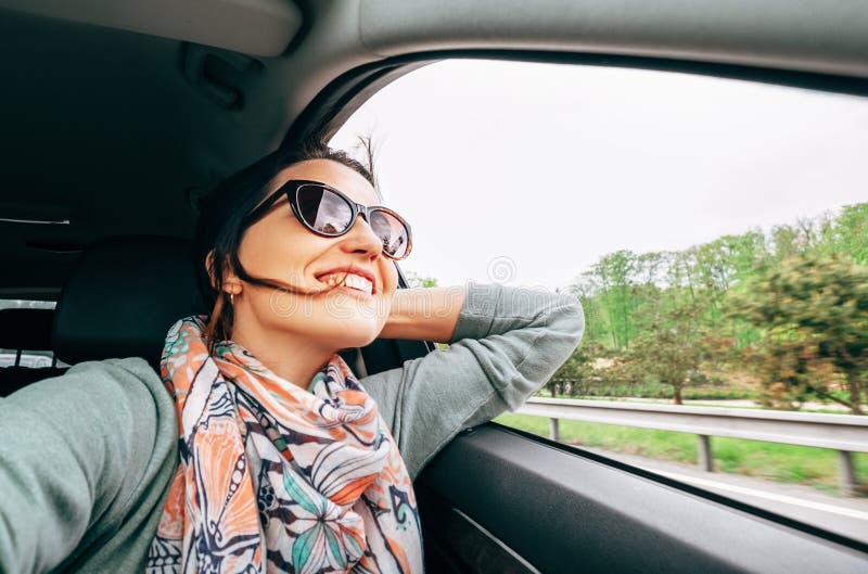 Woman Enjoy with View from Car Window when Traveling by Auto Stock ...