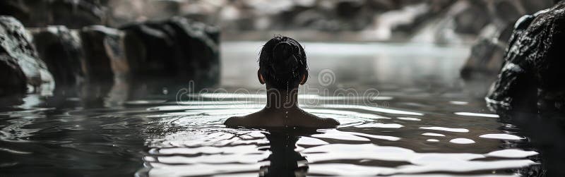 Woman Enjoying a Dip in a Natural Hot Spring. Back View Stock Image ...