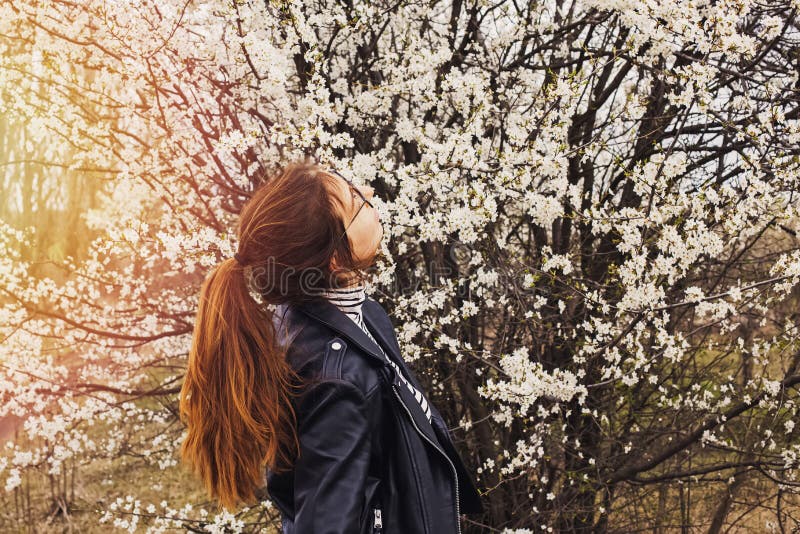Woman Enjoying Spring Blooming Trees Stock Image - Image of pretty ...