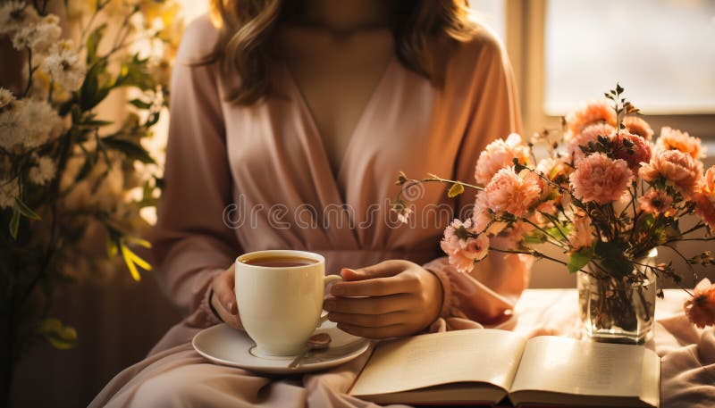 A Woman Enjoys a Coffee Break while Reading a Book Generated by AI ...