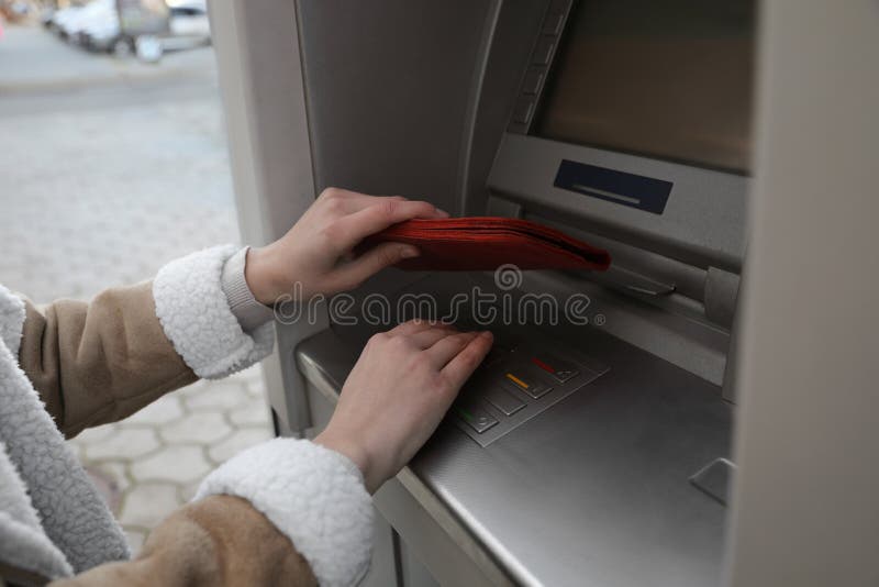 Woman Entering Cash Machine Pin Code, Closeup Stock Image - Image of ...