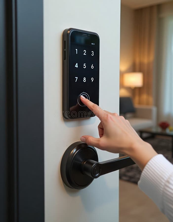 Woman Enters Password on Smart Phone Interface To Unlock Door. Modern ... Woman Enters Password on Smart Phone Interface To Unlock Door. Modern ...