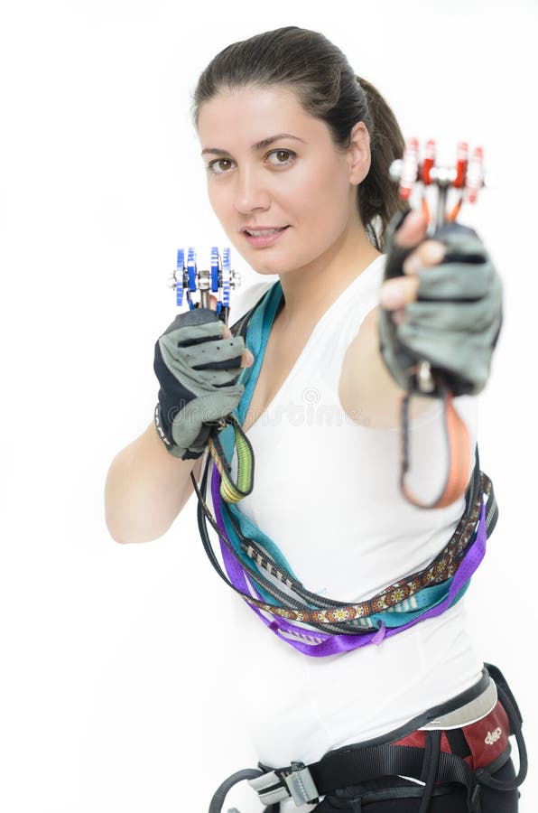 Woman Equipped with Climbing Gear Stock Image - Image of chock, camalot ...