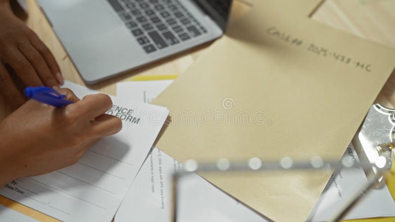 A Woman Examines Evidence Forms and a Case Folder in a Police ...