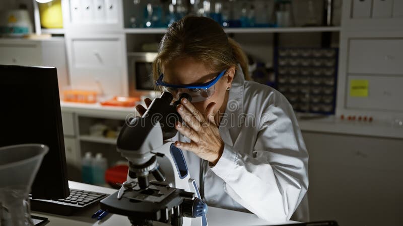A Woman Examines Samples Under a Microscope in a Laboratory, Wearing ...
