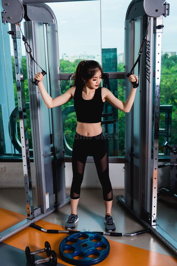 Woman Exercise Using Machine Crossover Cable Training Stock Photo ...