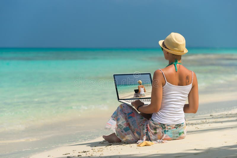 Woman on Exotic Tropical Beach with Laptop Computer Stock Photo - Image ...