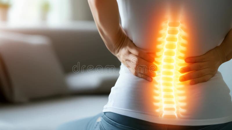 Woman Suffering from Back Pain at Home, Vertebral Column Highlighted ...