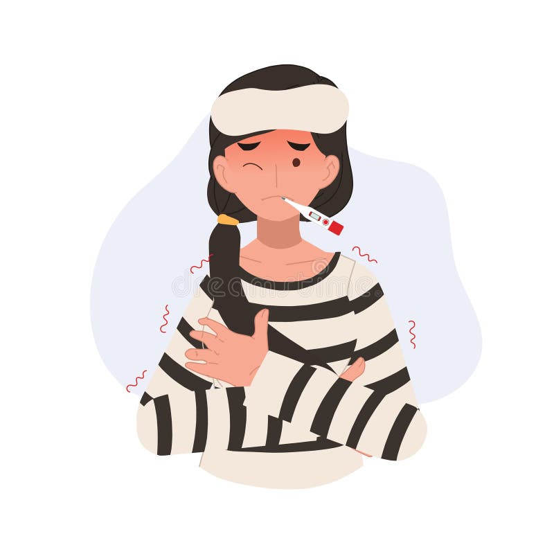 A Woman Experiencing High Fever and Chills is Using a Thermometer To ...