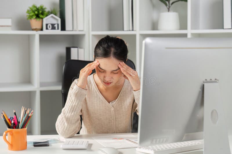 Woman Experiencing Stress Headaches Working Computer Office Stock ...