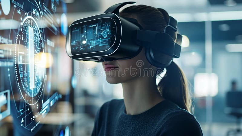 Woman Wearing Futuristic VR Headset, Experiencing Immersive Virtual ...