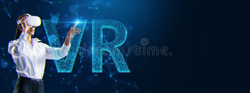 Woman Experiencing Virtual Reality with VR Headset and Glowing Blue VR ...