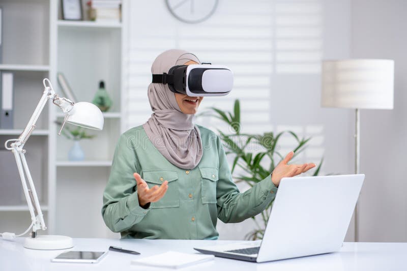 Woman Experiencing Virtual Reality with VR Headset at Home Office Desk Working Remotely Stock ...