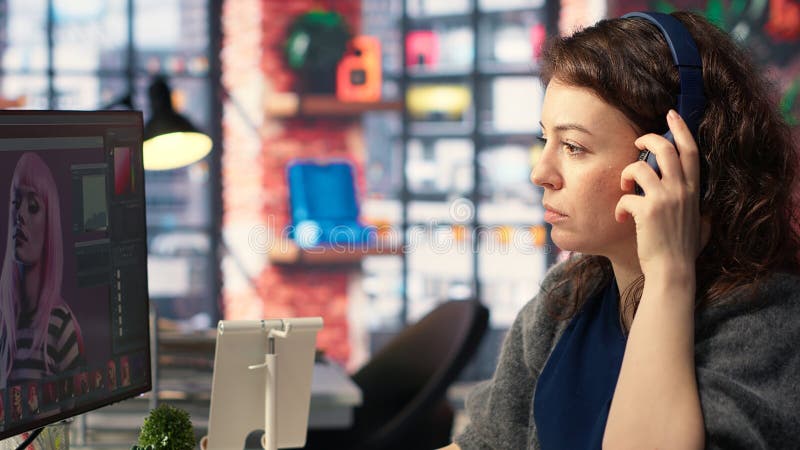 Woman Expert Developer Works with Photo Editing Software Stock Photo ...