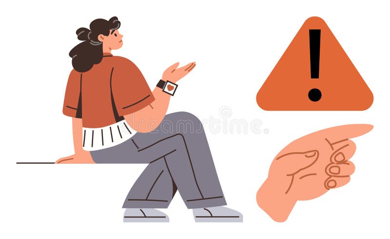 Woman Explaining a Concept with a Triangular Caution Sign and a Pointing Hand Gesture Stock ...