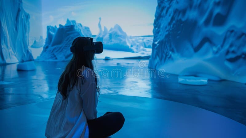 Woman Exploring Arctic Landscape Using Virtual Reality Technology Stock ...