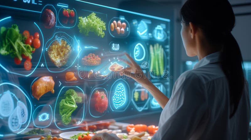 Woman Exploring Interactive Digital Nutrition Screen Stock Photo ...