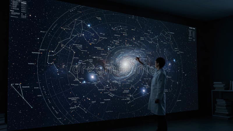 Woman Exploring Interactive Galaxy Map on a Large Screen Stock Video ...