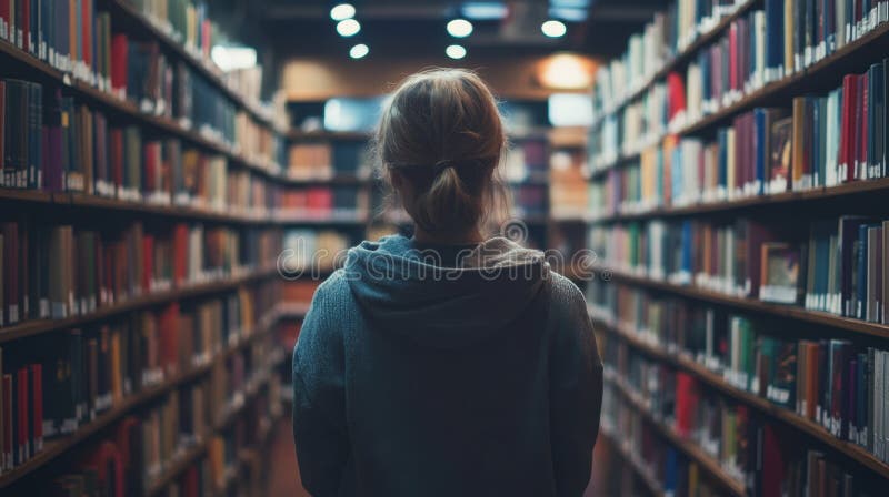 Woman Exploring Library, Surrounded by Books, Knowledge, and Learning ...