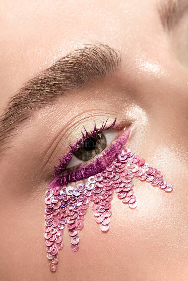 Woman Eye with Pink Sequins Stock Photo - Image of closeup, tears ...