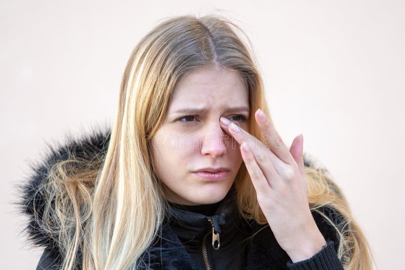 Woman with Eye Problems Outside Stock Image - Image of jacket, itchy ...