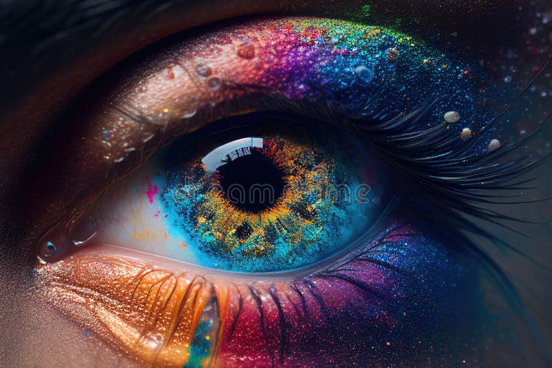 Woman Eye with Rainbow Pupil and Bright Colored Makeup. Created with ...