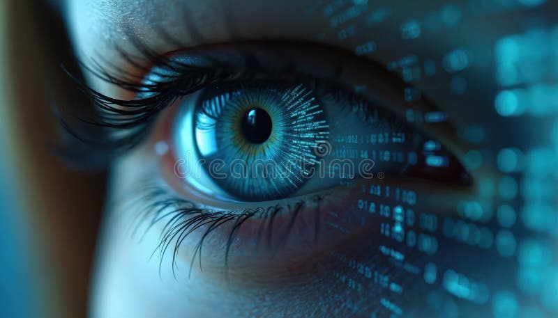 Woman Eye Reflects Binary Code. Digital Data Streams Across Eye Stock Illustration ...